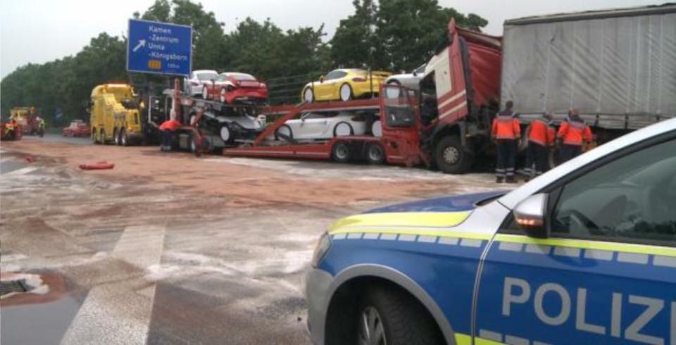 Car Carrier Loaded With 7 Porsche Cayman GT4s Destroyed In Autobahn ...